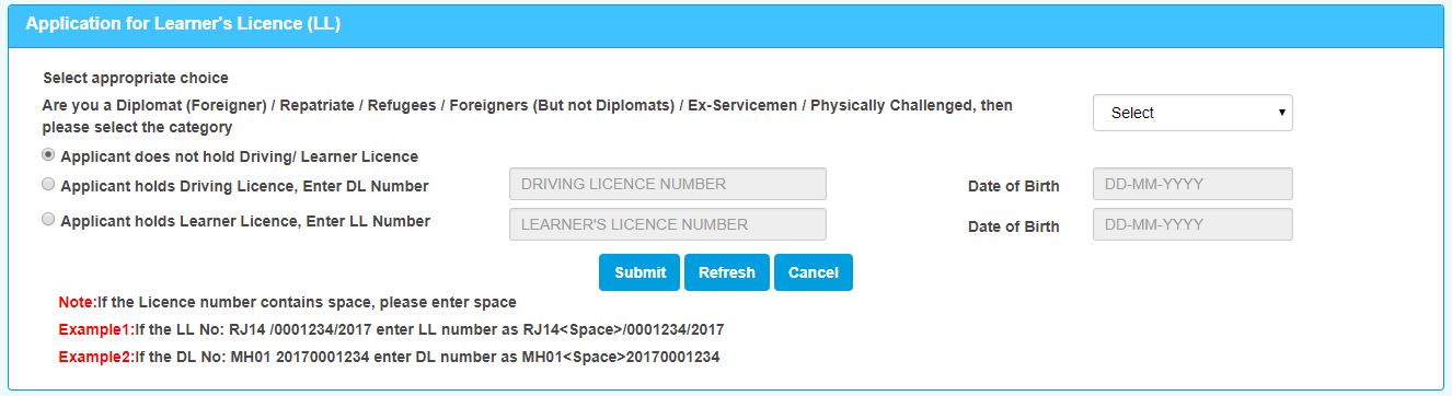 Application for Learner’s Licence (LL) – PRADHAN MANTRI VIKAS YOJANA